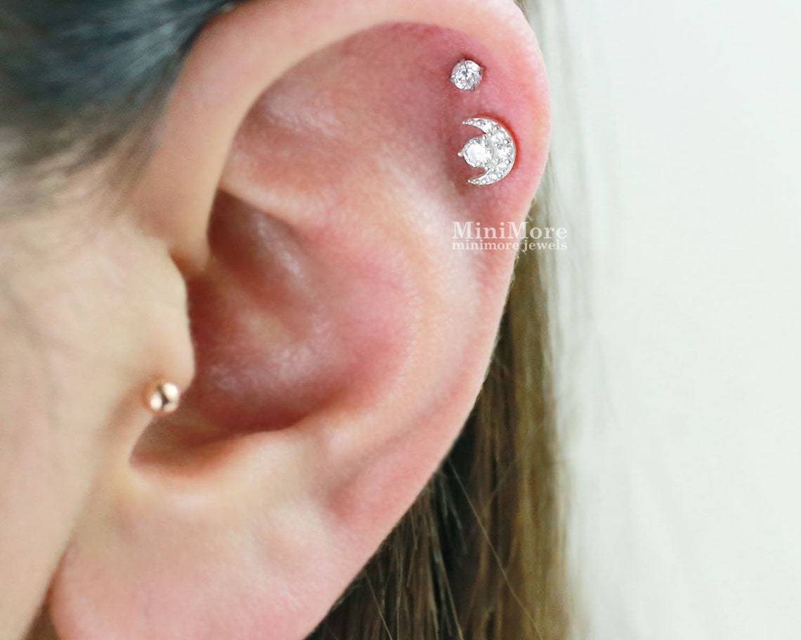 925 Sterling silver piercing Star & Moon CZ earring Shiny CZ | Etsy
