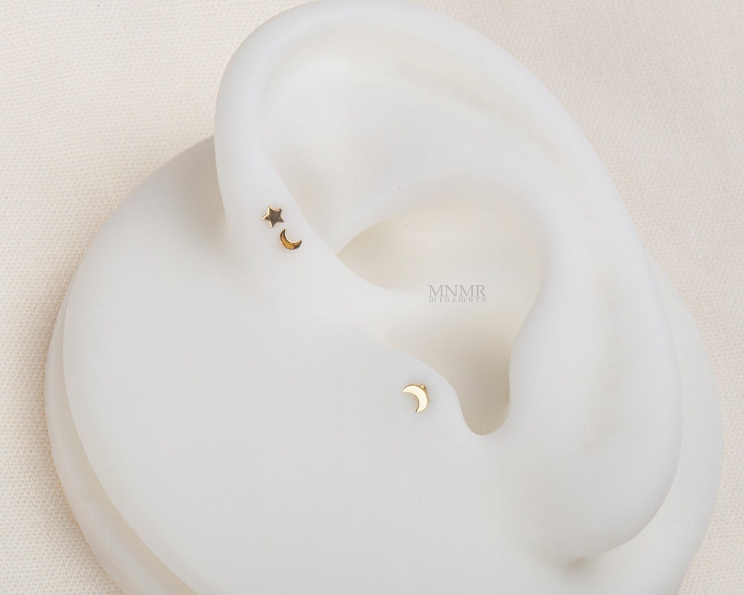 NEW! Micro Tiny Plain Moon Flatback Stud, 14K Solid Gold Star Internally Threaded Labret, Moon ...