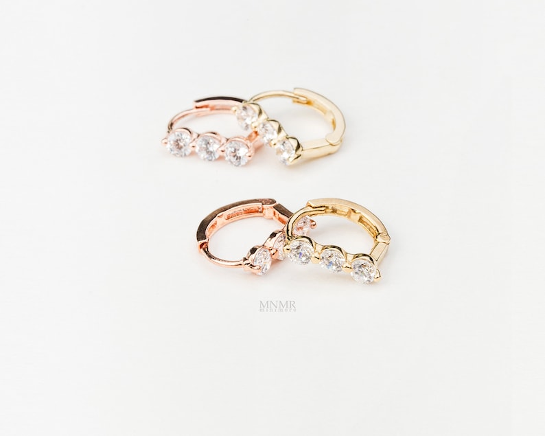 10K Solid Gold Triple Stones Hoops, Sparkly Huggie Hoop, D-shaped Ear ...