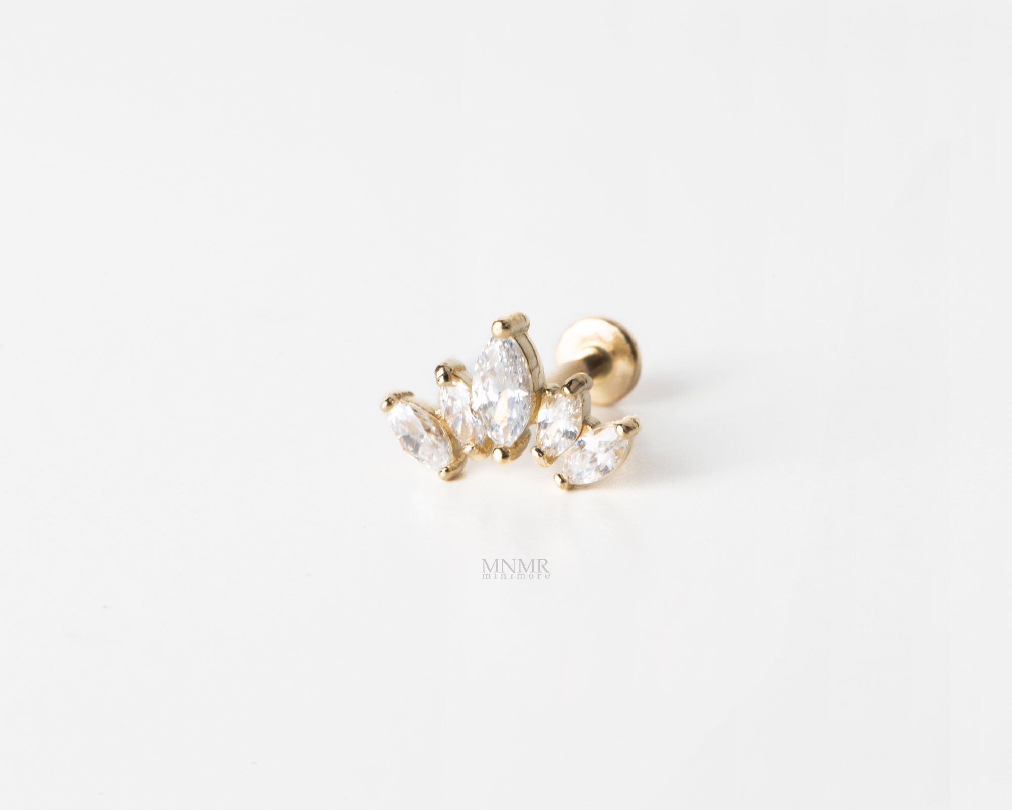 Sparkly Crown Cartilage Piercing, 14K Solid Gold Flatback, Internally Threaded Earring, Dainty ...