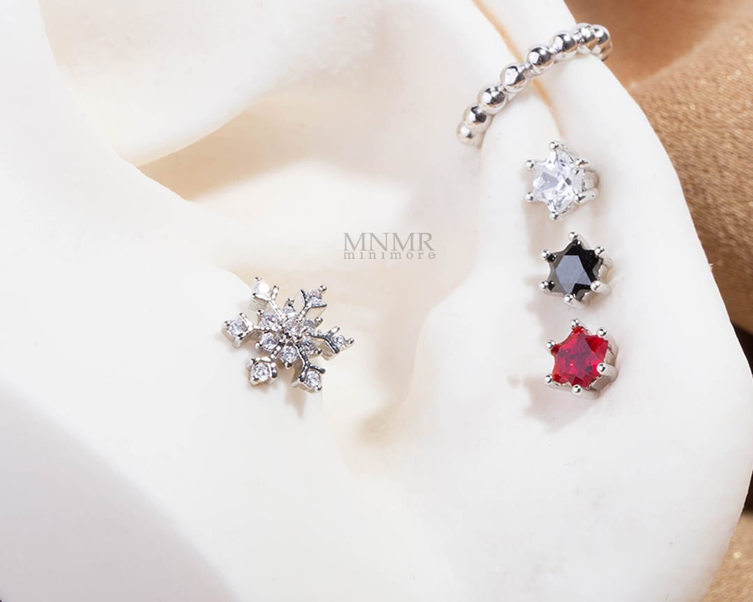 Geometric Snowflake Crystal Piercing, Crystal Cartilage Earring, Dainty ...