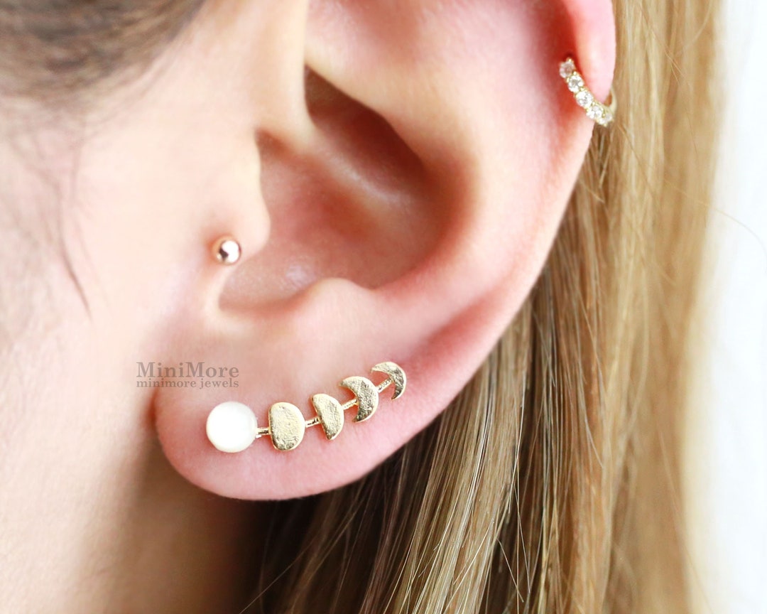 Moon Stone & Moon Ear Cuff, Moon Ear Climber, Moon Ear Cuff, Dainty ...