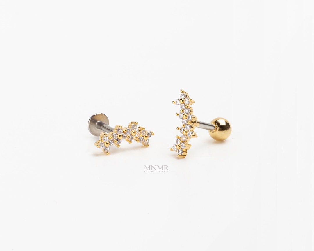 Flowery Curved Bar Piercing, Inner Conch Piercing, Cartilage Earring ...