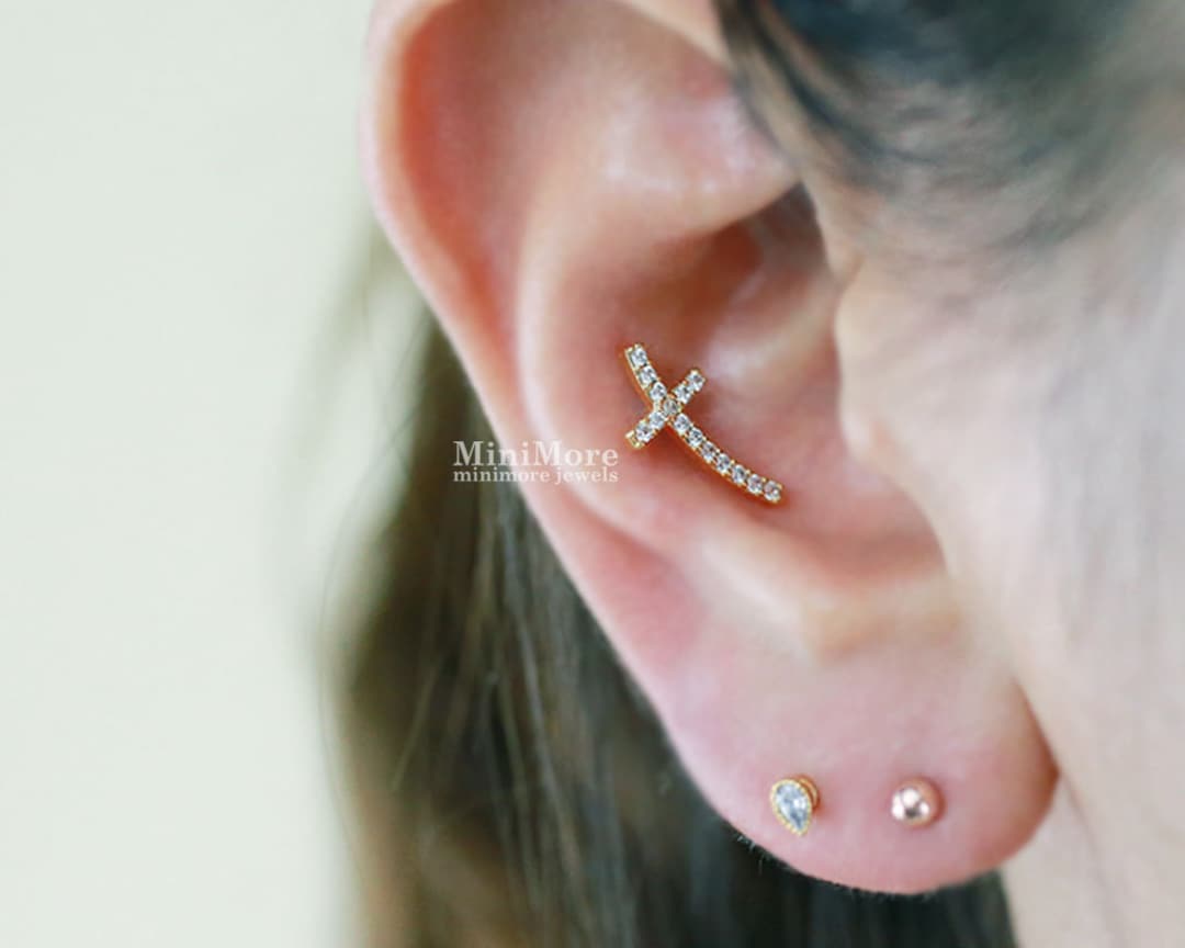 CZ Cross Cartilage Earring, Surgical Steel Helix Piercing - Etsy