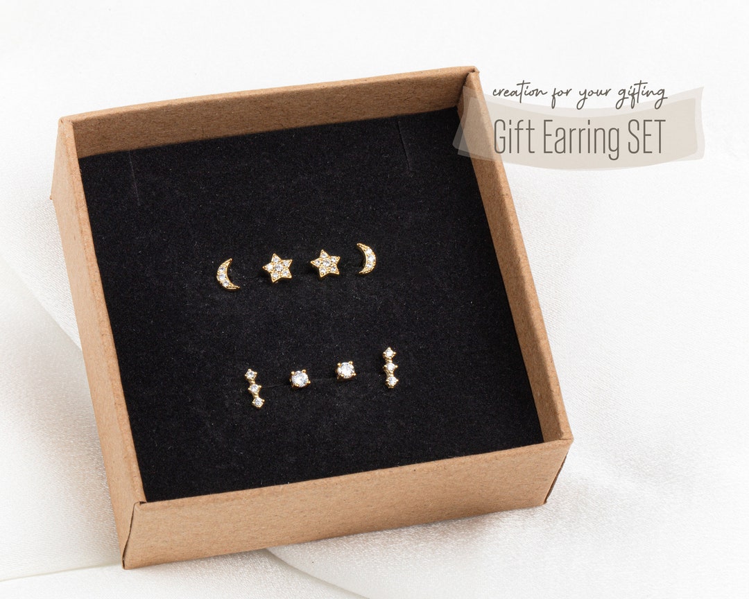 Gifting! Silver Cartilage Earring Set, Celestial Stud, Moon&star Stud ...