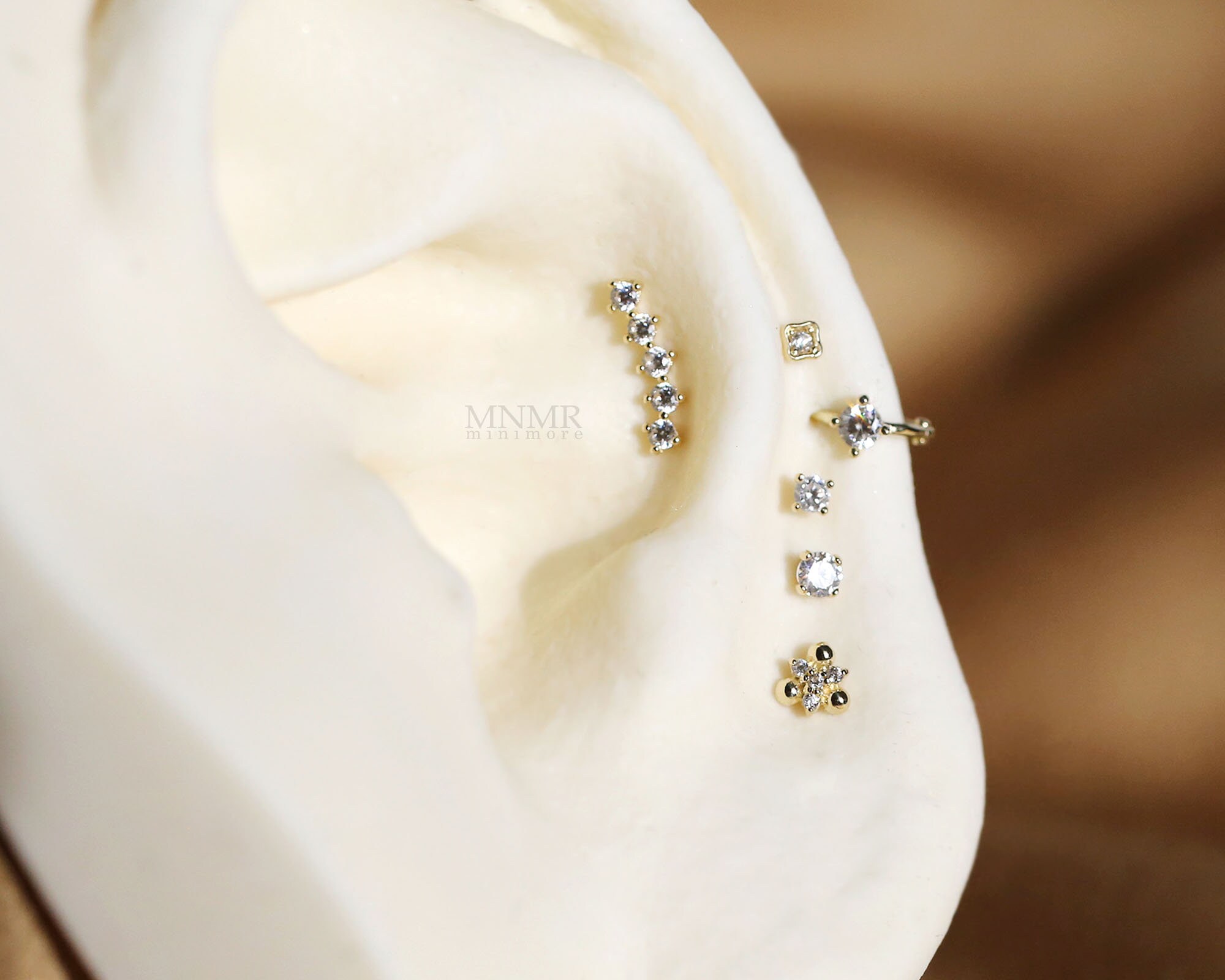 14K Solid Gold Internally Threaded Labret, Cluster Tragus Earring, CZ ...