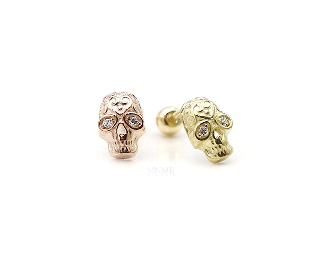 10K Solid Gold Skull Piercing, Skull Cartilage Earring, Everyday ...