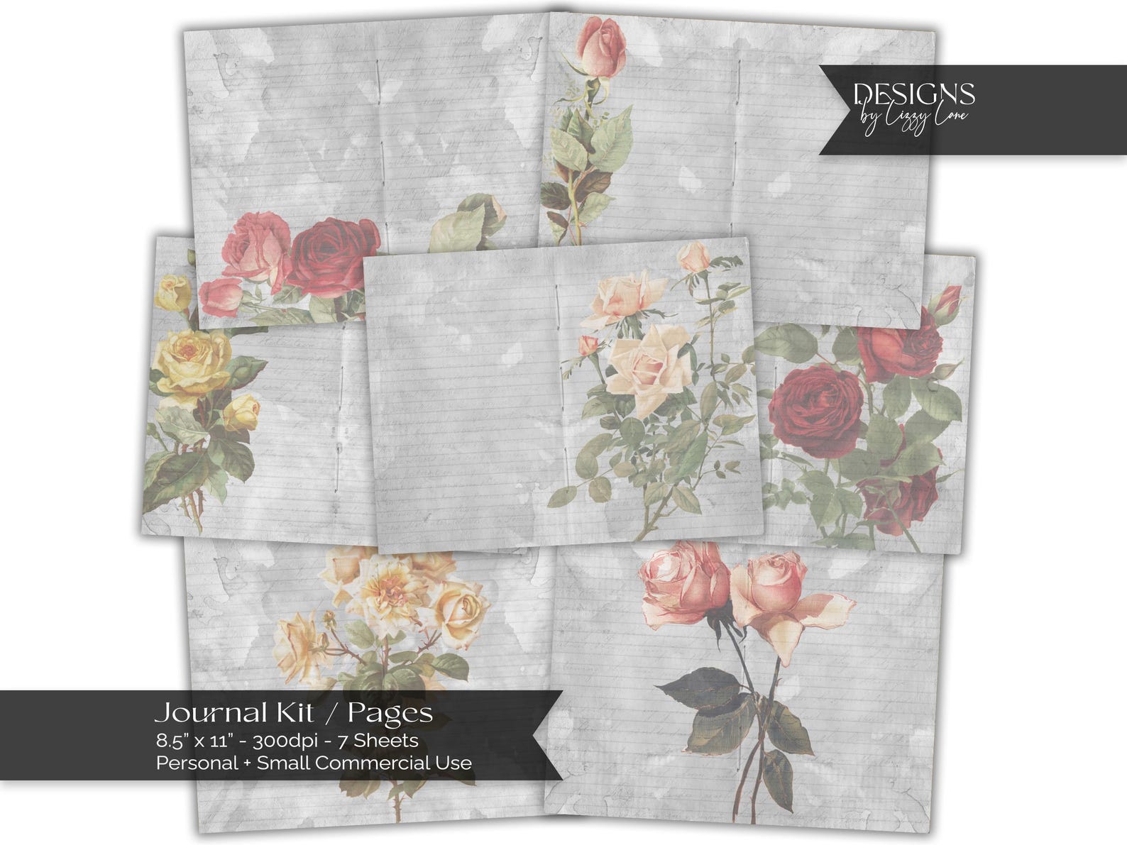 Grayscale Soft Floral Grunge Printable Journal Pages for Junk Journals ...