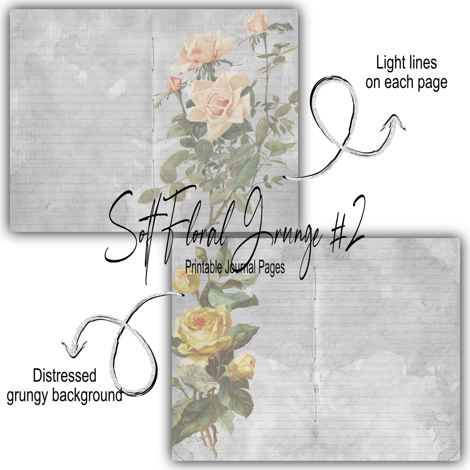 Grayscale Soft Floral Grunge Printable Journal Pages for Junk | Etsy
