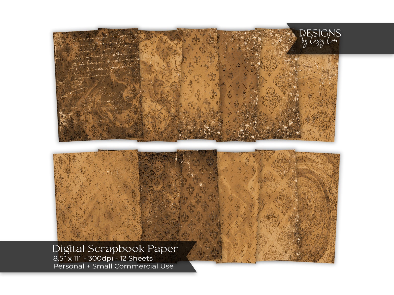 Vol 8 Amber Gems Sparkled Grunge Damask Digital Scrapbook Paper | 12 ...