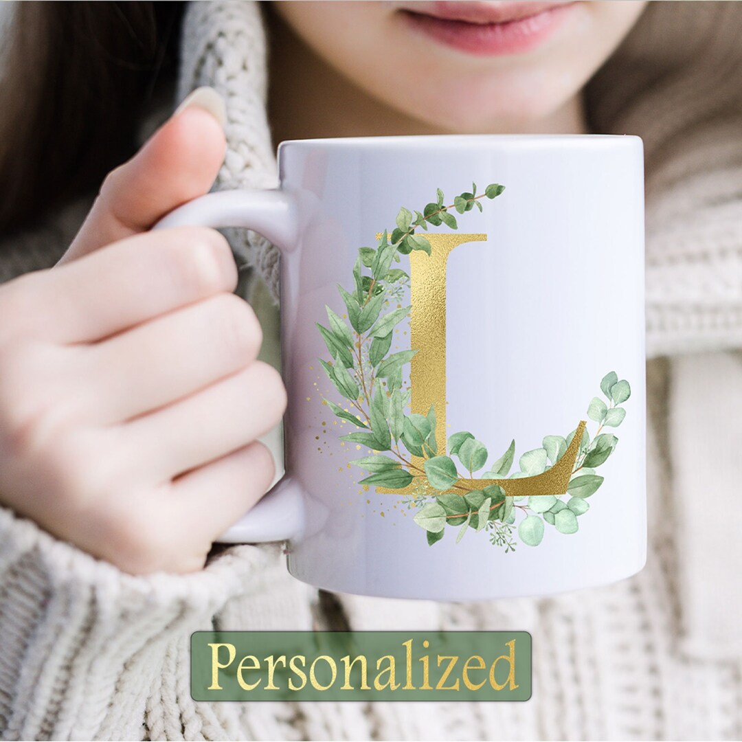 Personalized Gold Initial Mug Any Letter Alphabet Leaf Monogram Coffee ...