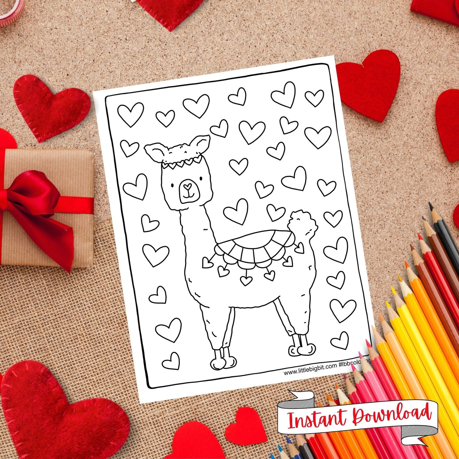 Llama Valentine's Day Coloring Page for Kids and Adults Hand Drawn ...