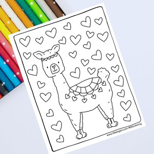 Llama Valentine's Day Coloring Page for Kids and Adults | Hand Drawn ...