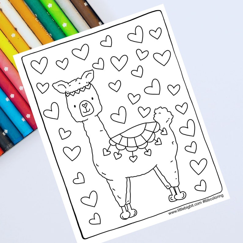 Llama Valentine's Day Coloring Page for Kids and Adults | Hand Drawn ...
