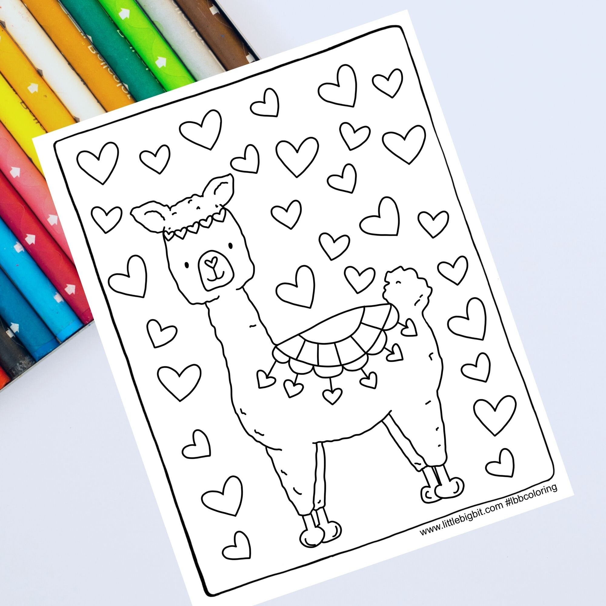 Llama Valentine's Day Coloring Page for Kids and Adults | Hand Drawn ...