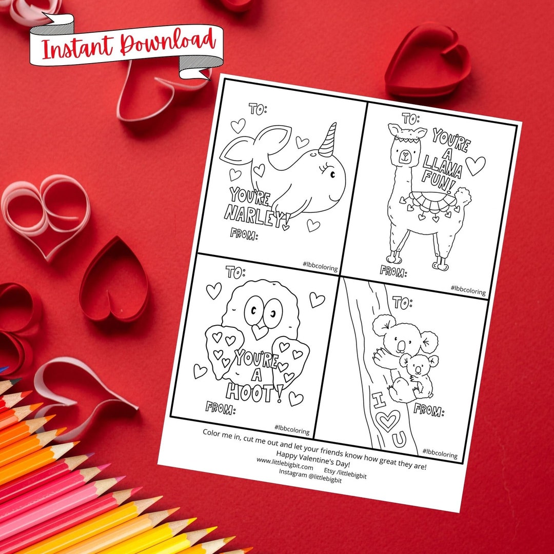 Valentine's Day Coloring Cards for Kids | Narwhal Llama Koala Owl ...