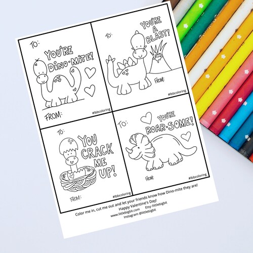 Printable Valentines Day Coloring Cards Dinosaur Coloring | Etsy