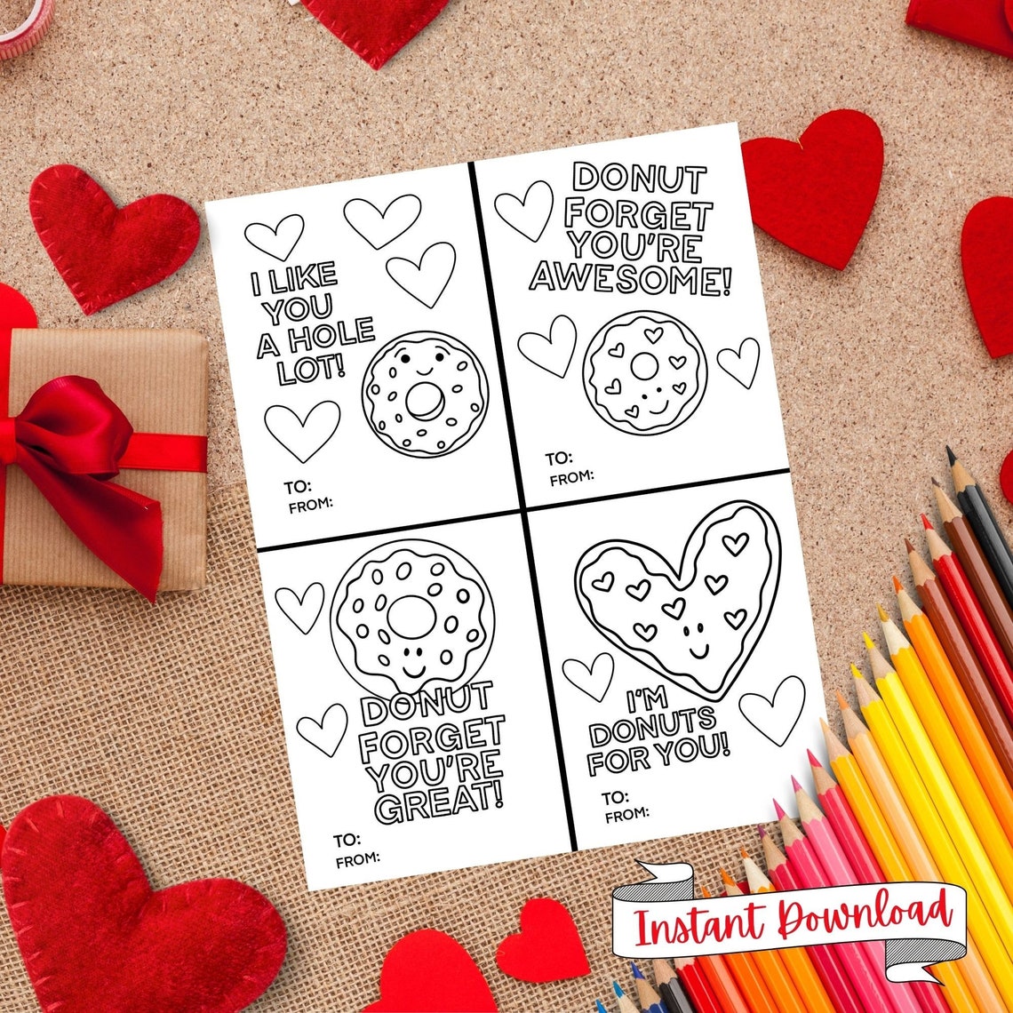 Donut Valentines Day Coloring Cards for Kids | Printable Coloring Page ...