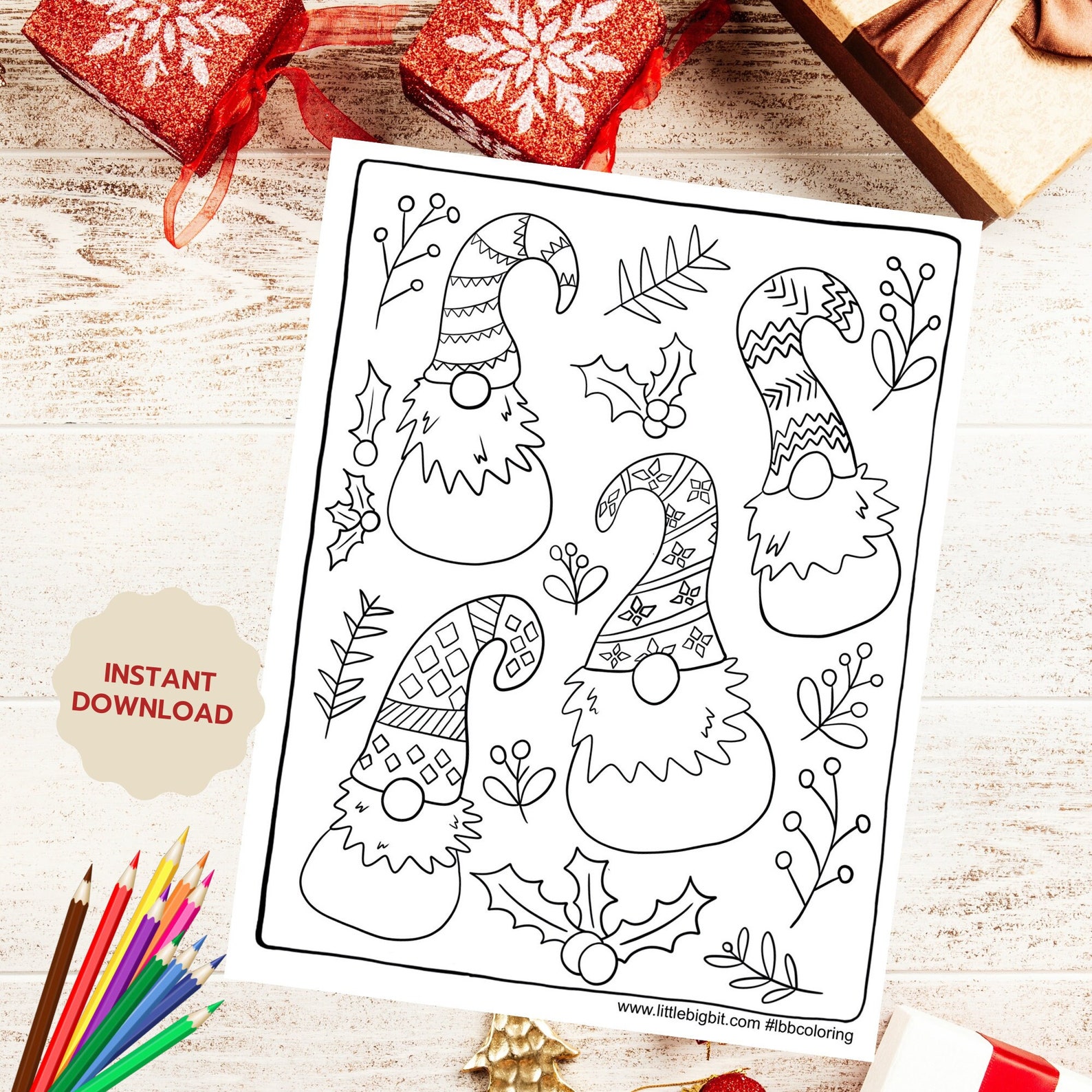 Gnome Friends Christmas Holiday Coloring Page | Hand Drawn Printable ...
