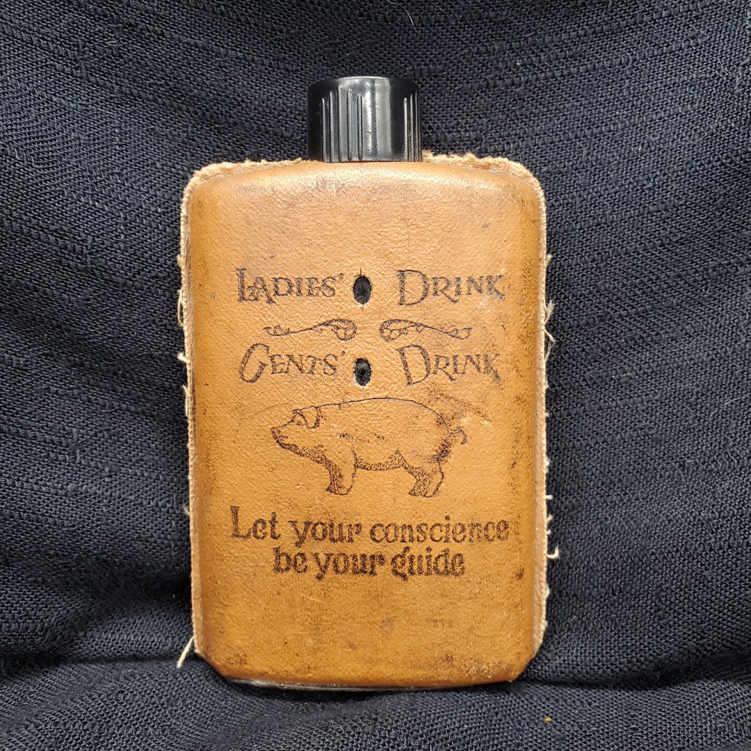 Vintage Flask, Leather Over Glass, Souvenir of Seattle With a Pig ...