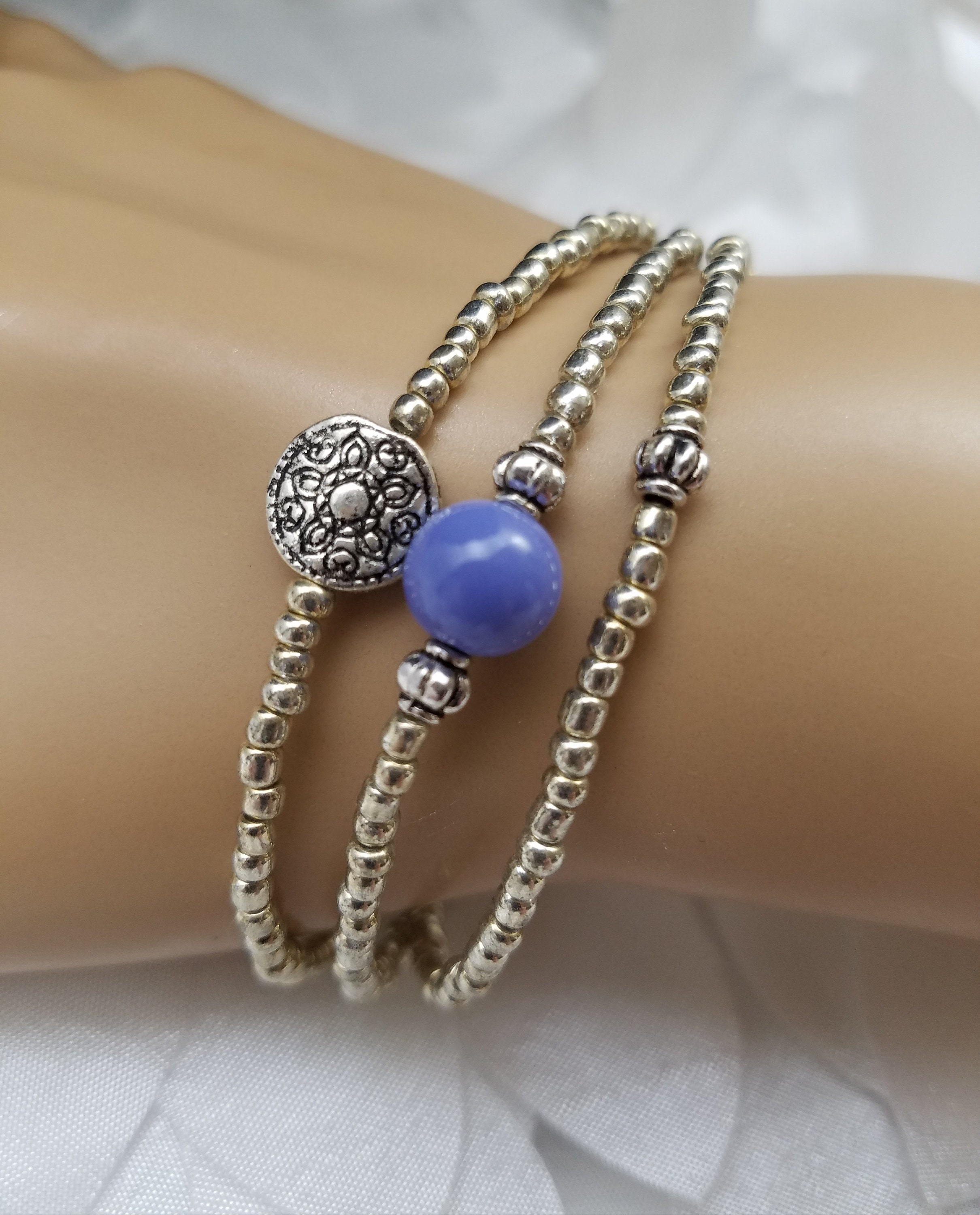 Multi-strand Metallic Silver and Periwinkle Bracelet