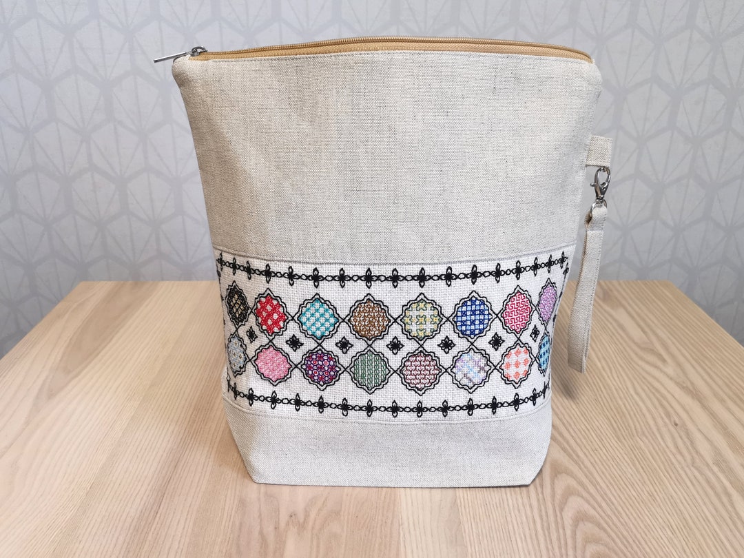 Embroidered Knitting Organizer Handy Cotton Zip up Bag Knitting Project ...