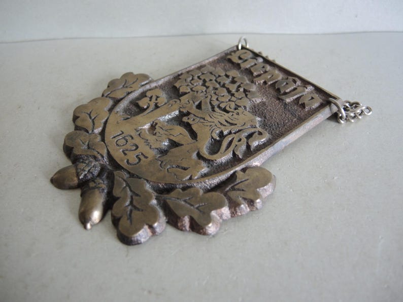 Vintage Solid Brass Bronze Coat of Arms Plate / Brass Town Plaque ...