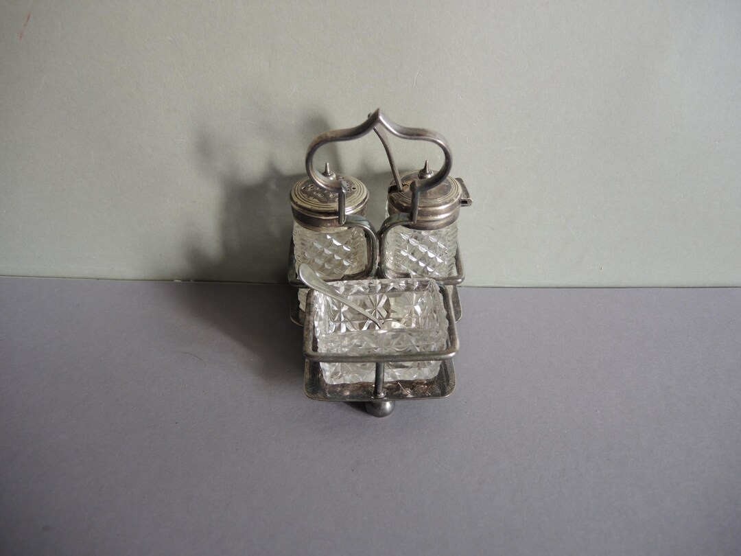Antique John Round & Sons Silver Plate and Crystal 3 Piece Cruet Set ...