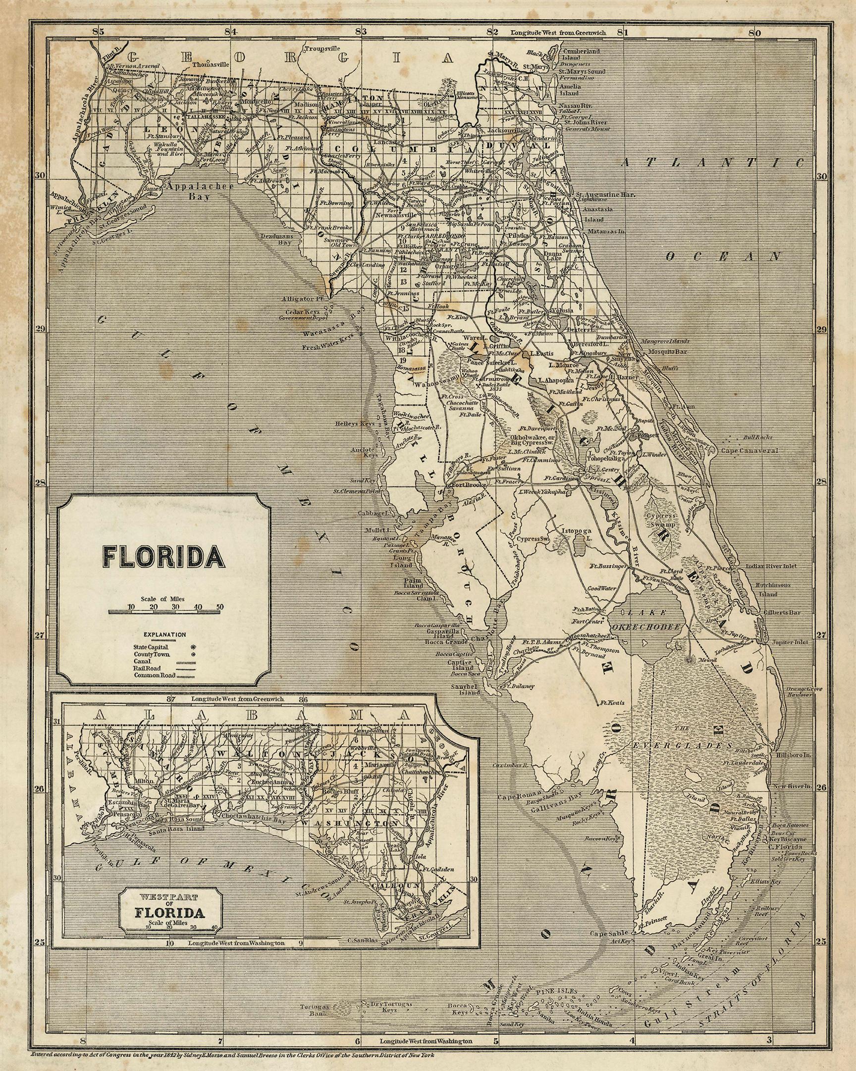 1842 Florida State Map Poster, Old Map, Vintage Florida Map Poster ...