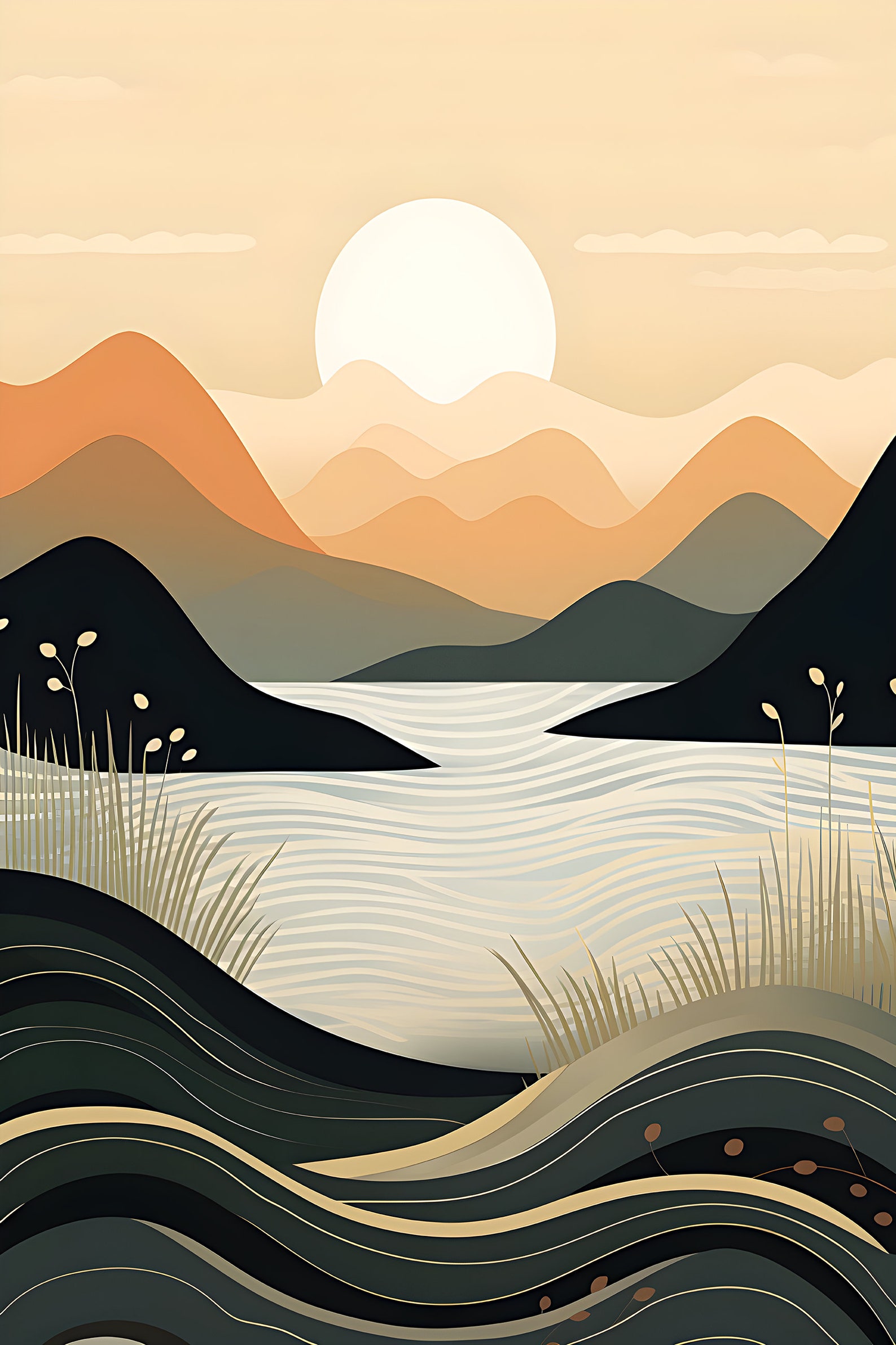 Abstract Sunset Dawn Over Mountains Lake in the Foreground. Mountain ...