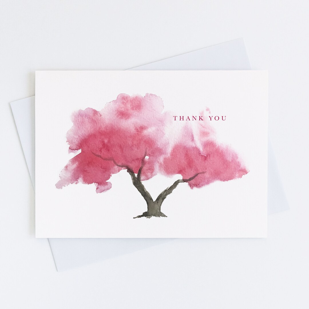 Watercolor Pink Tree Thank You Card, Pack of 1, 4, 12, 24 Cards - Etsy