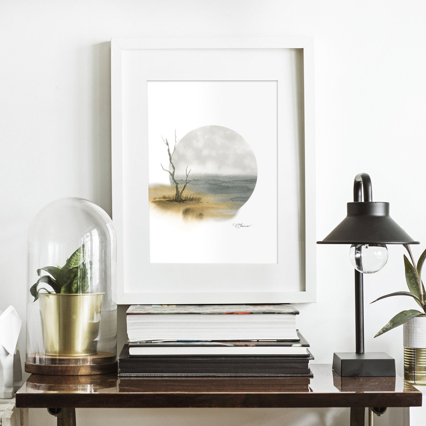 Watercolor Autumn Circular Landscape Art Print, Unframed Vertical Art ...
