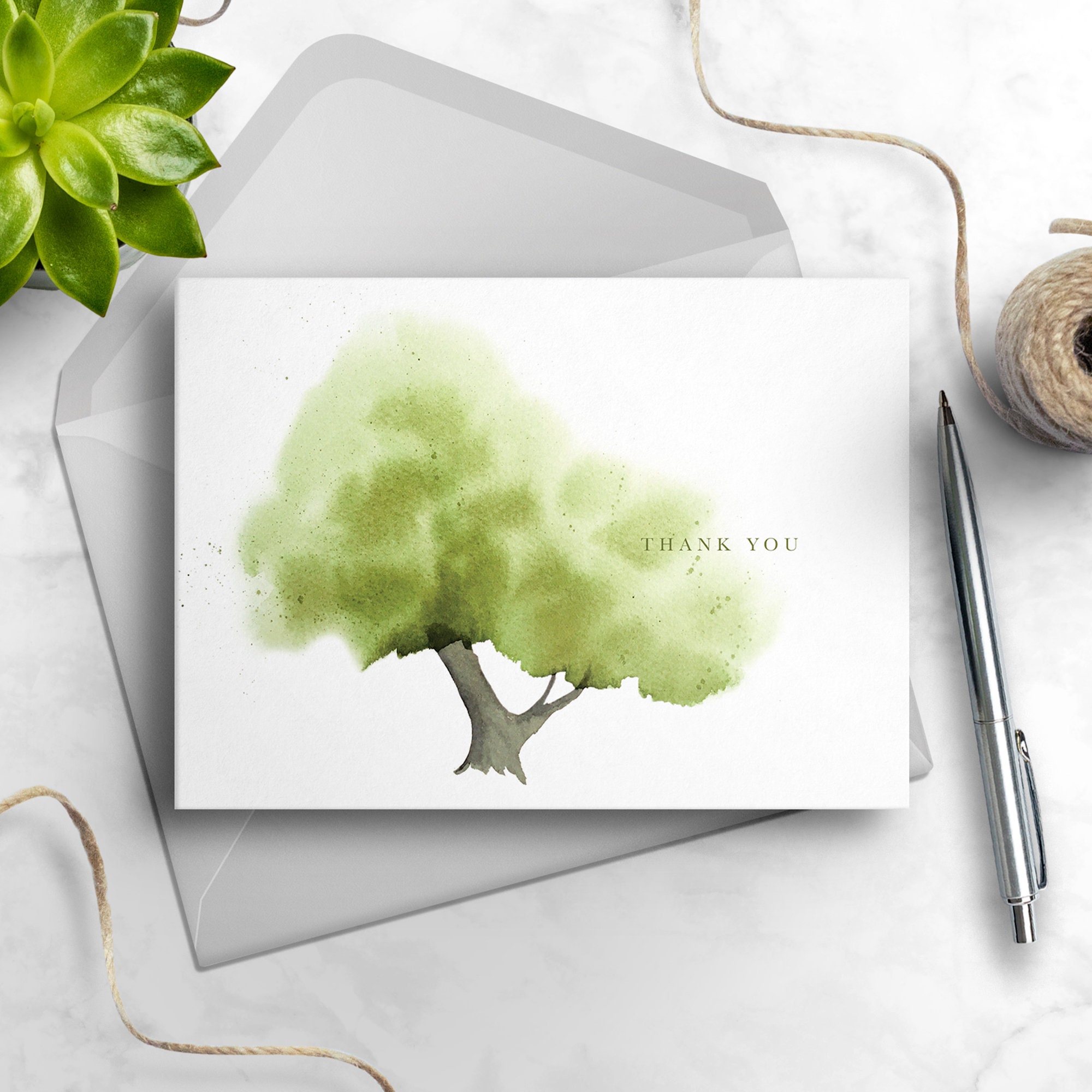 Watercolor Green Tree Thank You Card: Linen Card Stock - Etsy Canada