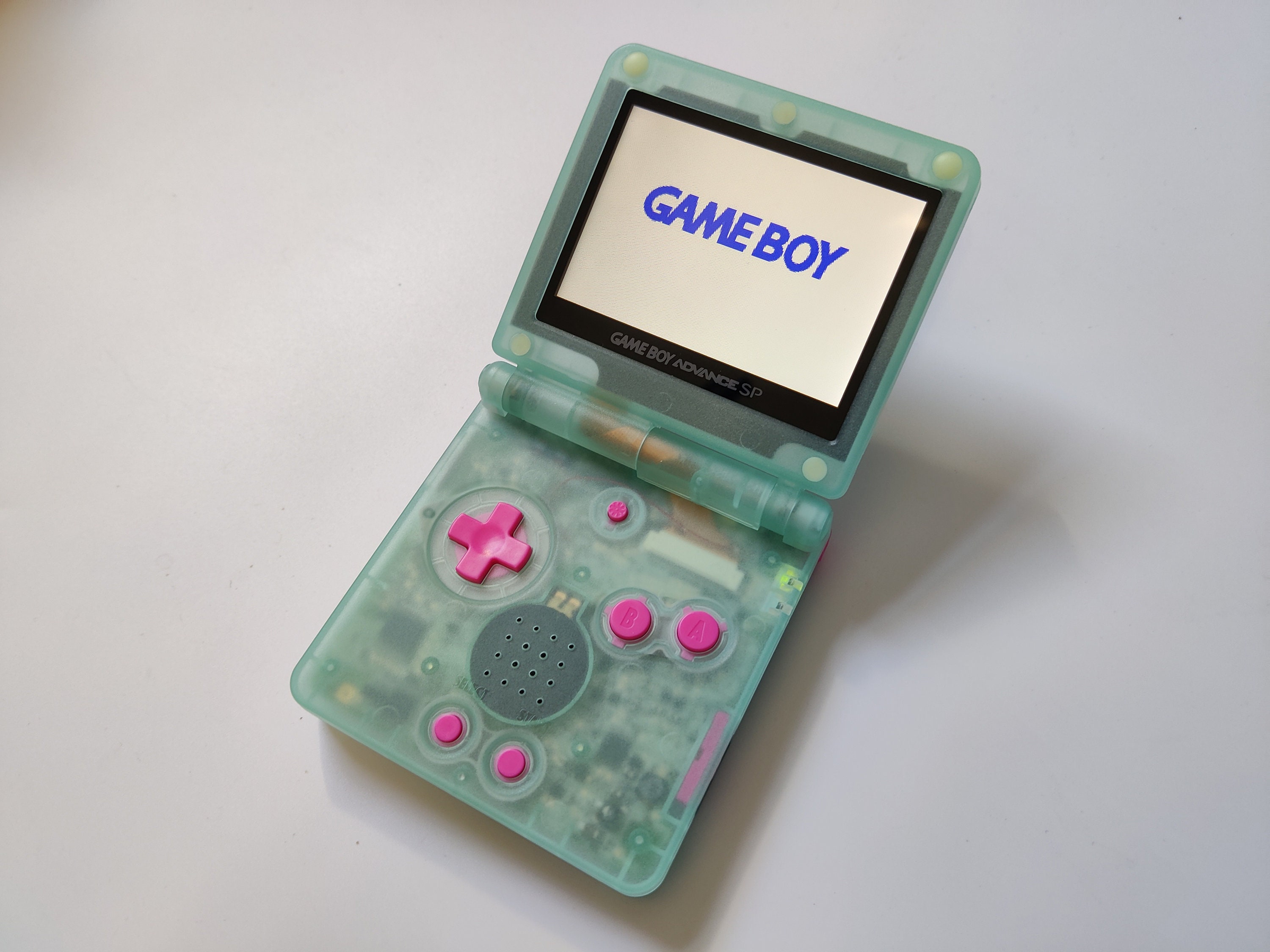 Custom GBA SP IPS V2 Screen Clear Glow in the Dark Green & Pink Buttons ...