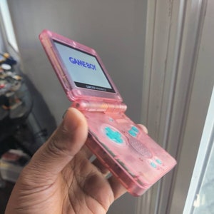Custom GBA SP IPS V2 Screen Clear Cherry Pink With Clear Emerald Buttons Modded With 10 Level ...