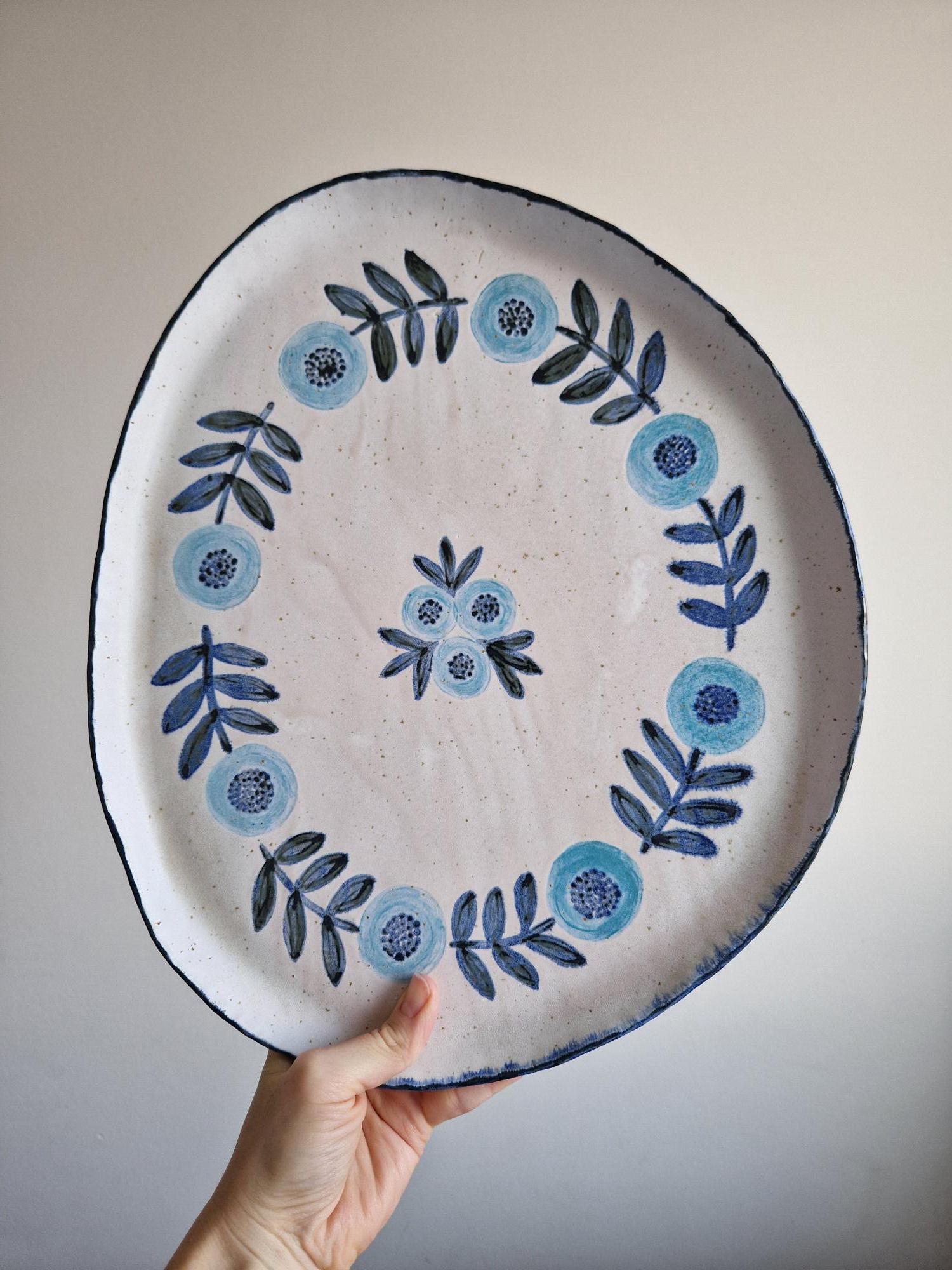 Large Ceramic Platter, Handmade Serving Plate, Blue and White Floral ...