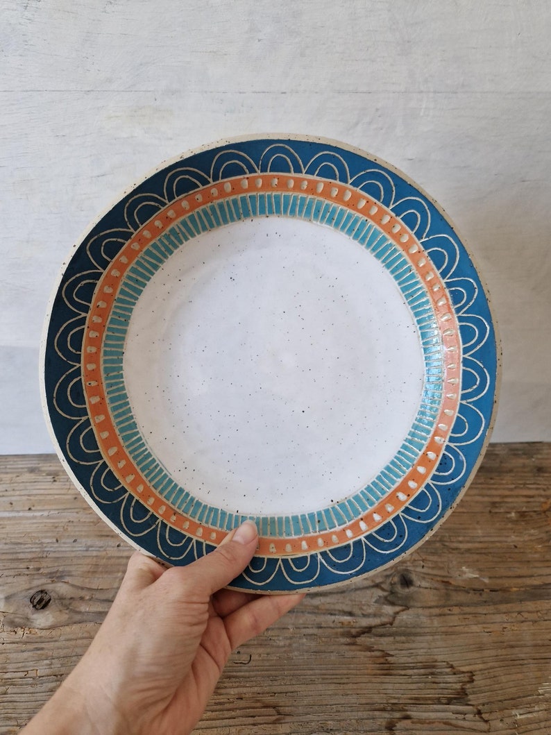 Large Ceramic Bowl, Serving Dish With Carved Geometric Pattern ...