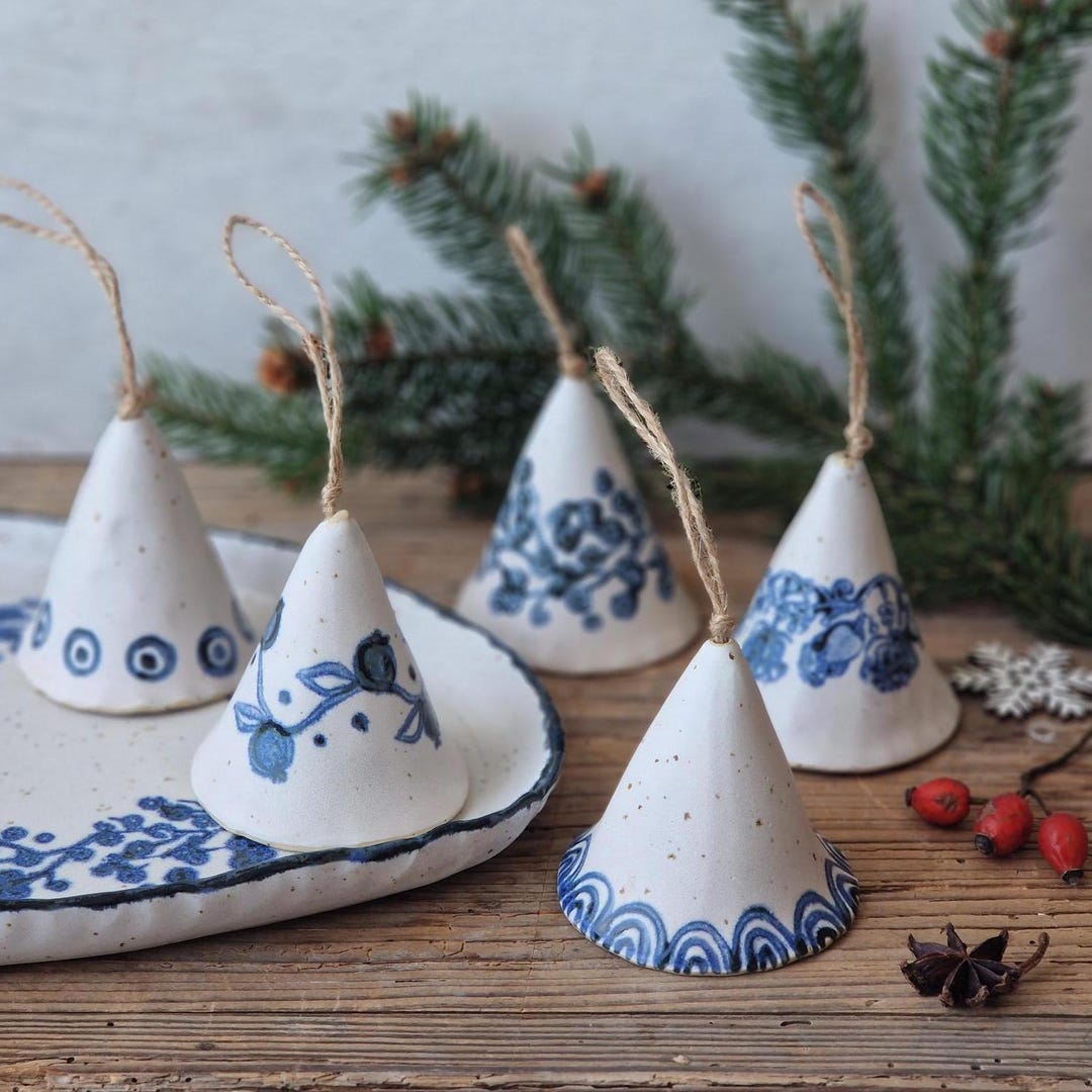 Blue White Ceramic Bells, Christmas Tree Ornaments, Handmade Holiday ...