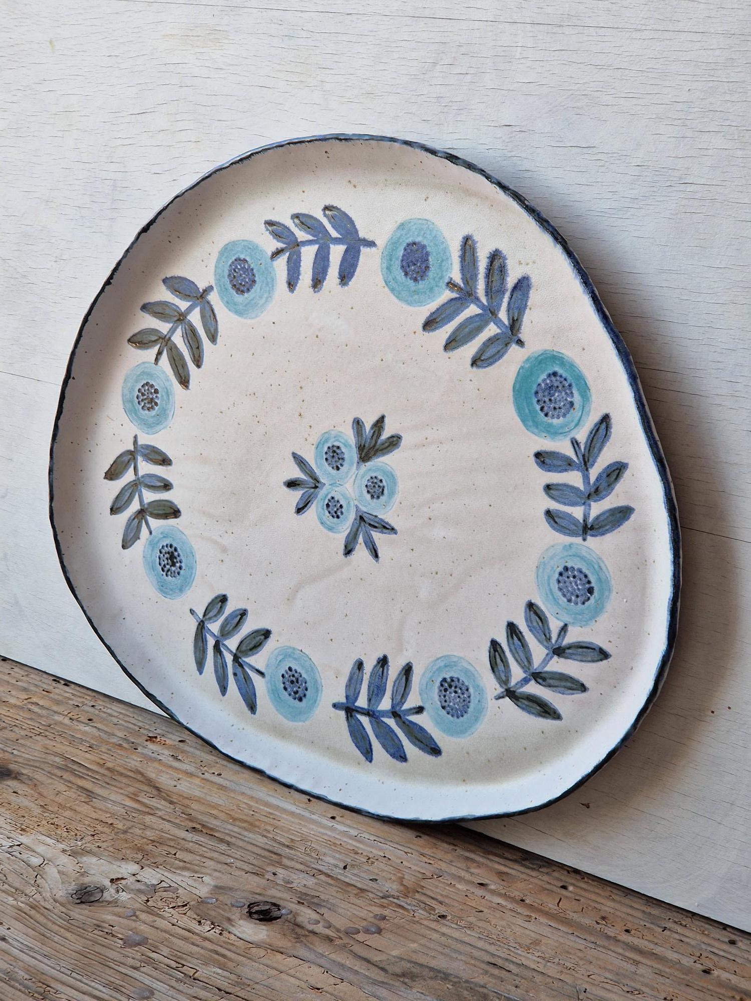 Large Ceramic Platter, Handmade Serving Plate, Blue and White Floral ...