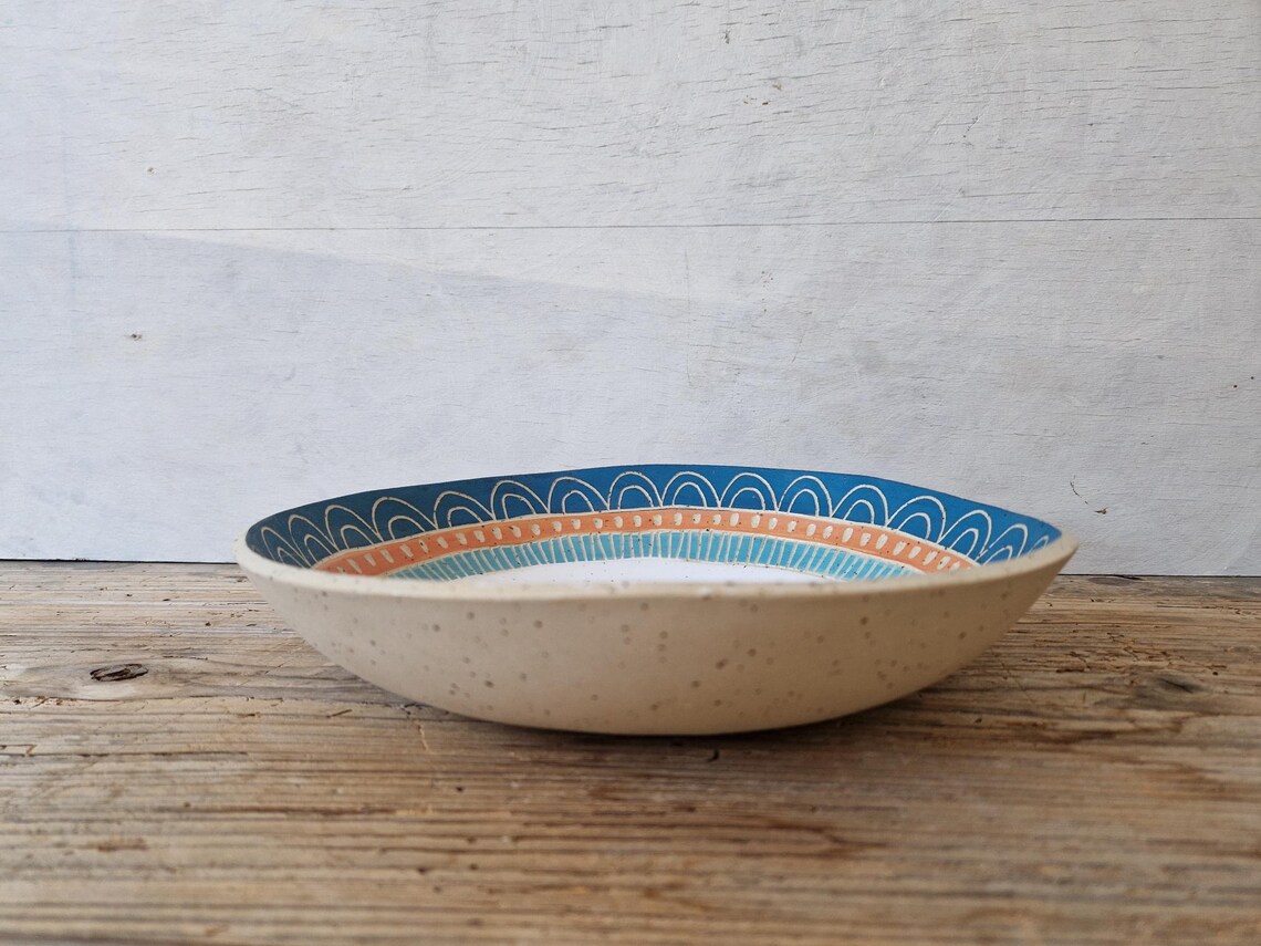 Large Ceramic Bowl, Serving Dish With Carved Geometric Pattern ...