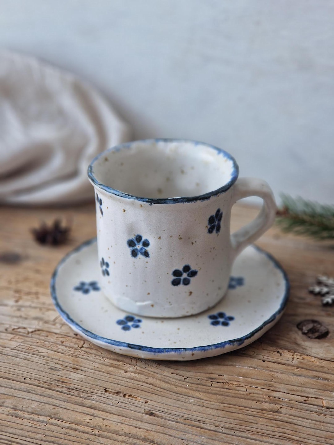 Espresso Cup With Saucer, Blue White Rustic Ceramic Cup, Small Handmade ...