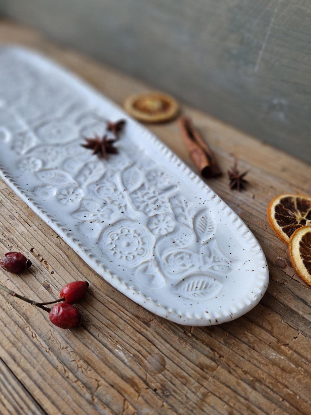 White Ceramic Serving Platter, Handmade Oval Tray With Floral Imprints ...