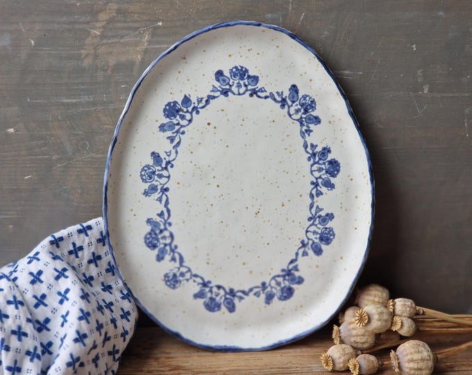 Oval Ceramic Platter, Handmade Serving Plate, Floral Tray, Speckled Stoneware Pottery - Etsy