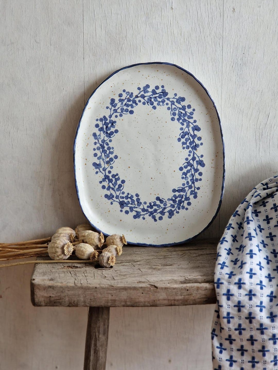 Oval Ceramic Platter, Handmade Serving Plate, Floral Tray, Blue and ...