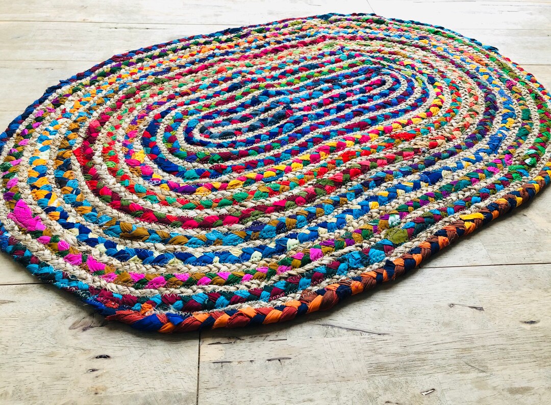 Multi Cotton Chindi & Jute Oval Rug 90 X 60cm - Etsy UK