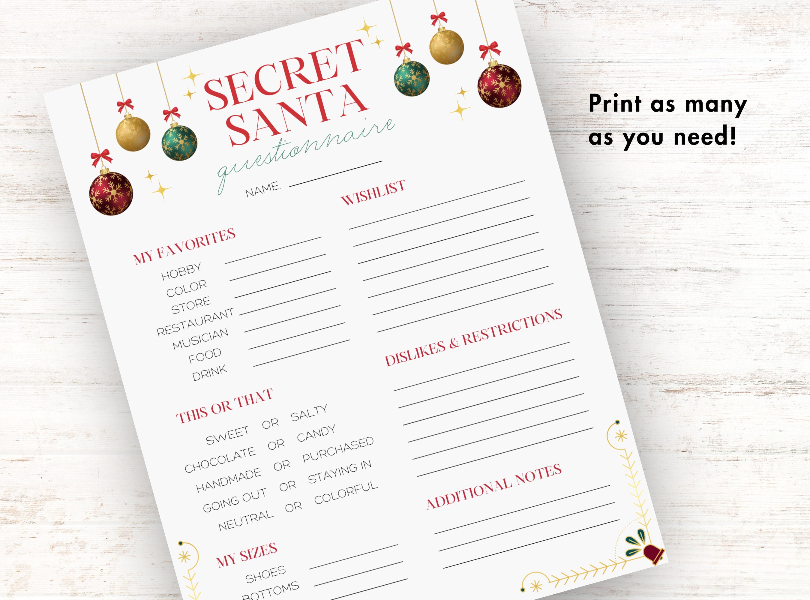 Printable Secret Santa Questionnaire Survey List Gift - Etsy