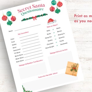 Secret Santa Questionnaire Form for Christmas Holiday - Etsy UK