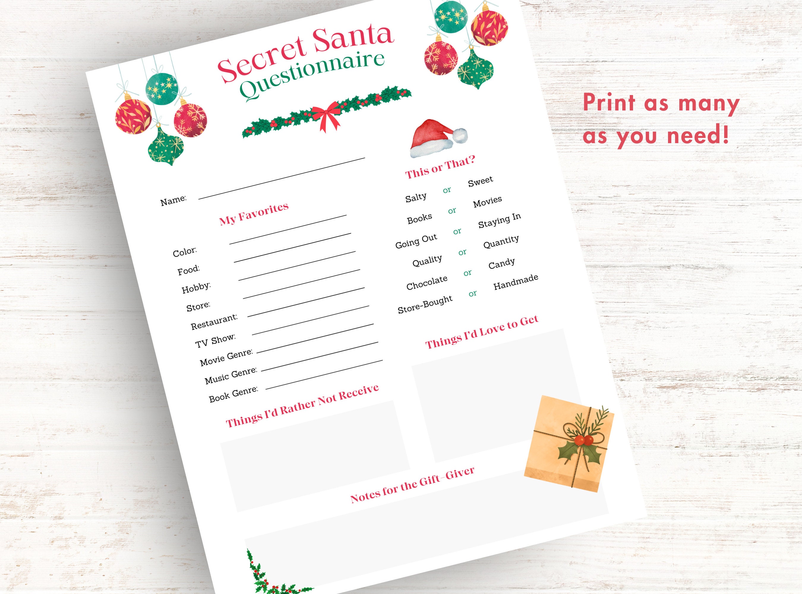 Secret Santa Questionnaire Form for Christmas Holiday - Etsy UK