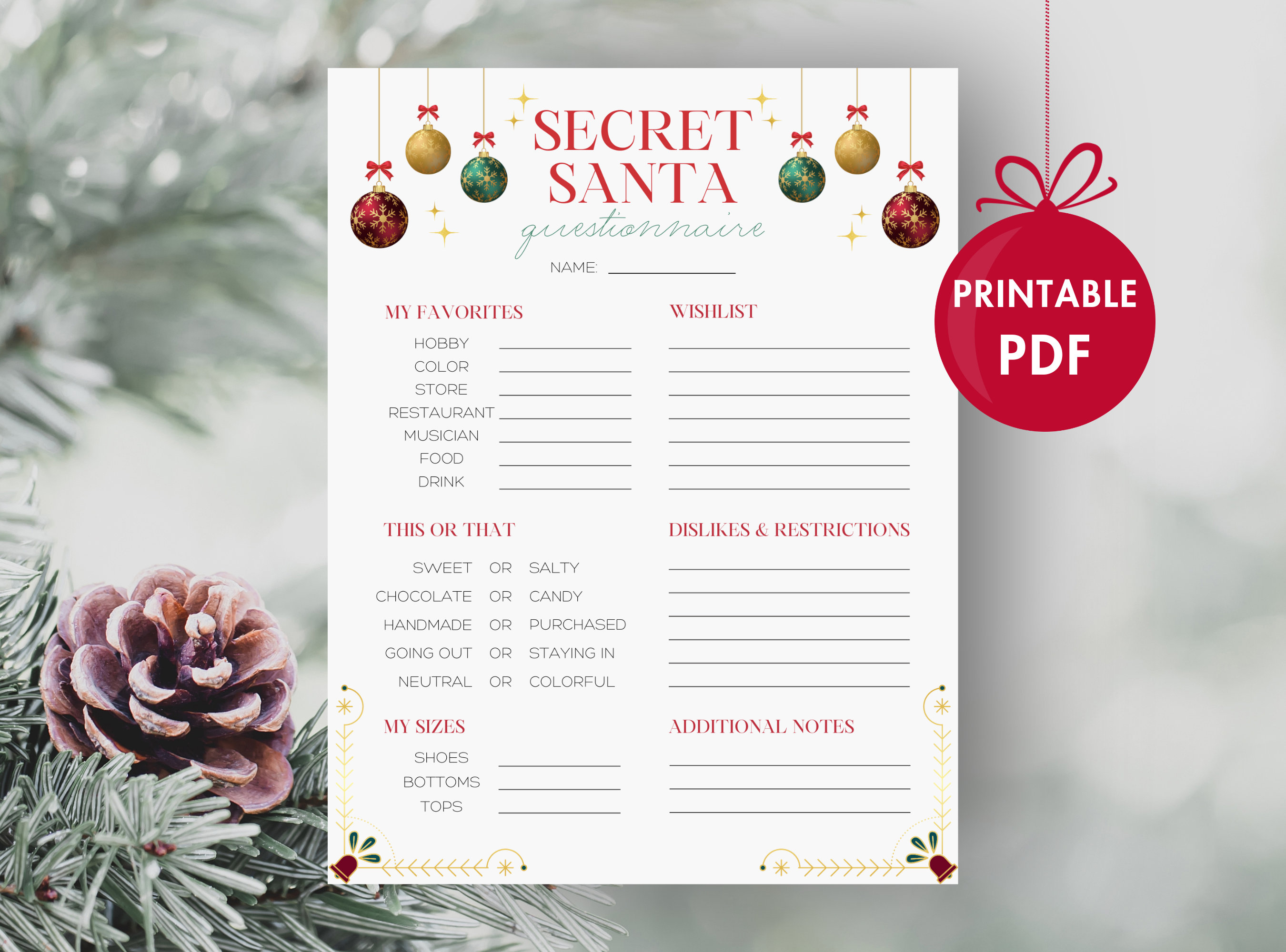 Printable Secret Santa Questionnaire Survey List Gift - Etsy