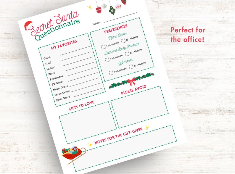Christmas Secret Santa Questionnaire Form, Gift Exchange for Coworkers ...